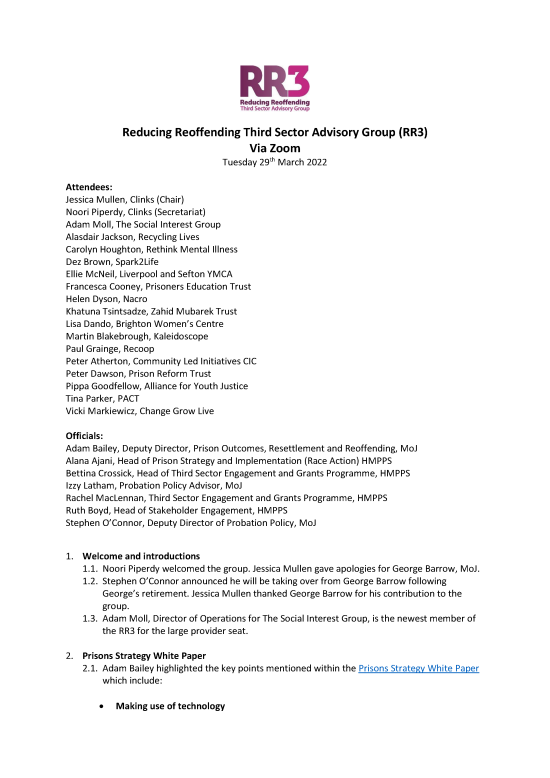 Quarterly meeting notes from the Reducing Reoffending Third Sector ... Quarterly meeting notes from the Reducing Reoffending Third Sector ...